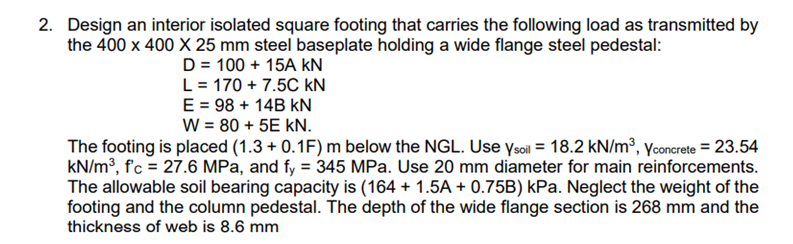 Solved 2. Design an interior isolated square footing that | Chegg.com