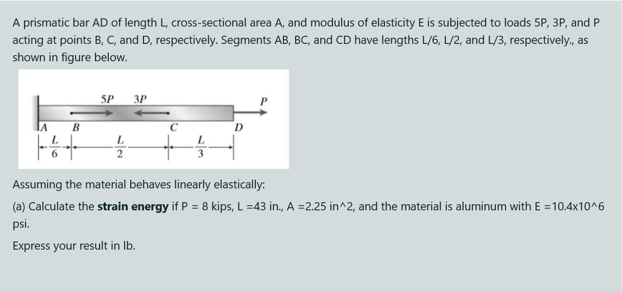 Solved A prismatic bar AD of length L, cross-sectional area | Chegg.com