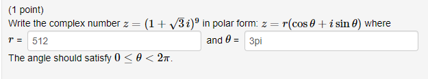Solved (1 point) Write the complex number z = (1+3i) in | Chegg.com