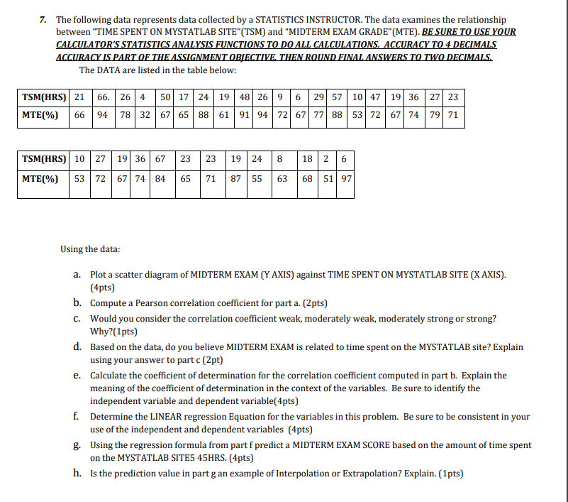 Solved 7. The following data represents data collected by a | Chegg.com