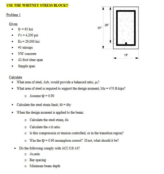 Solved USE THE WHITNEY STRESS BLOCK!! 4 Problem 1 26" 30" . | Chegg.com