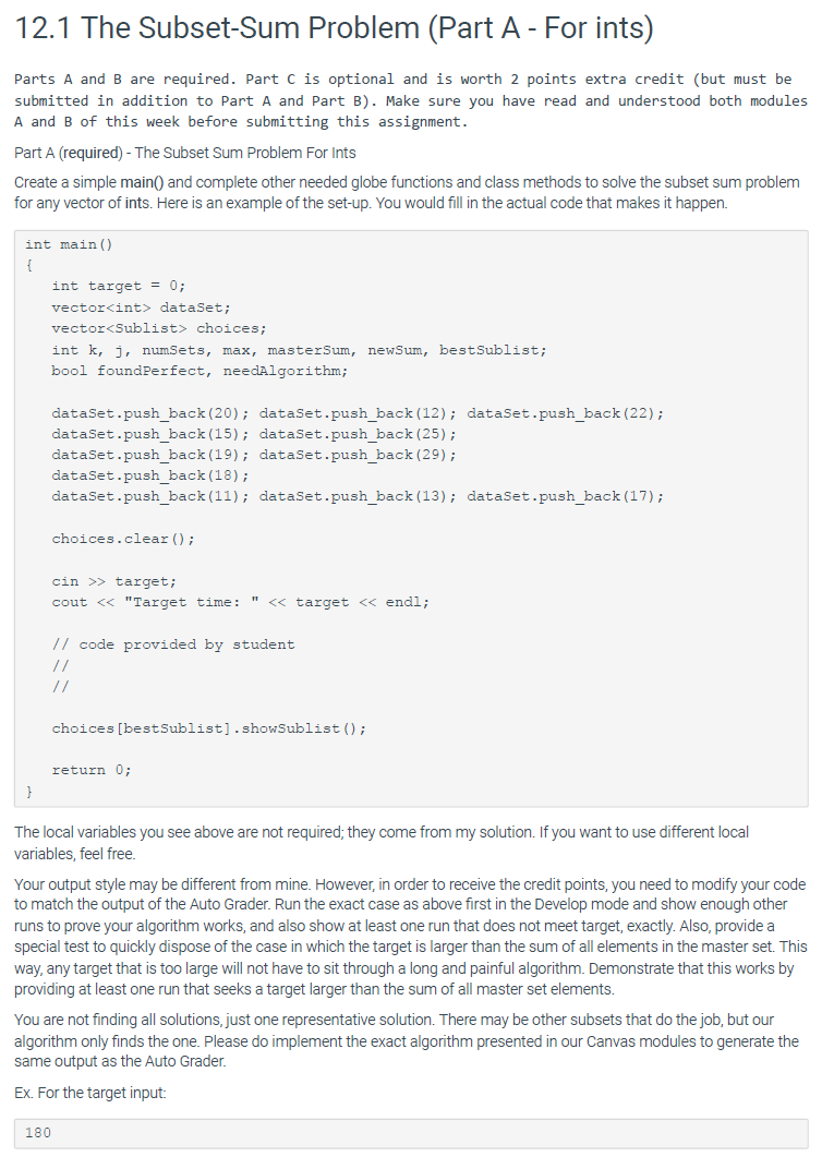 Solved 12.1 The Subset-Sum Problem (Part A - For ints) Parts | Chegg.com