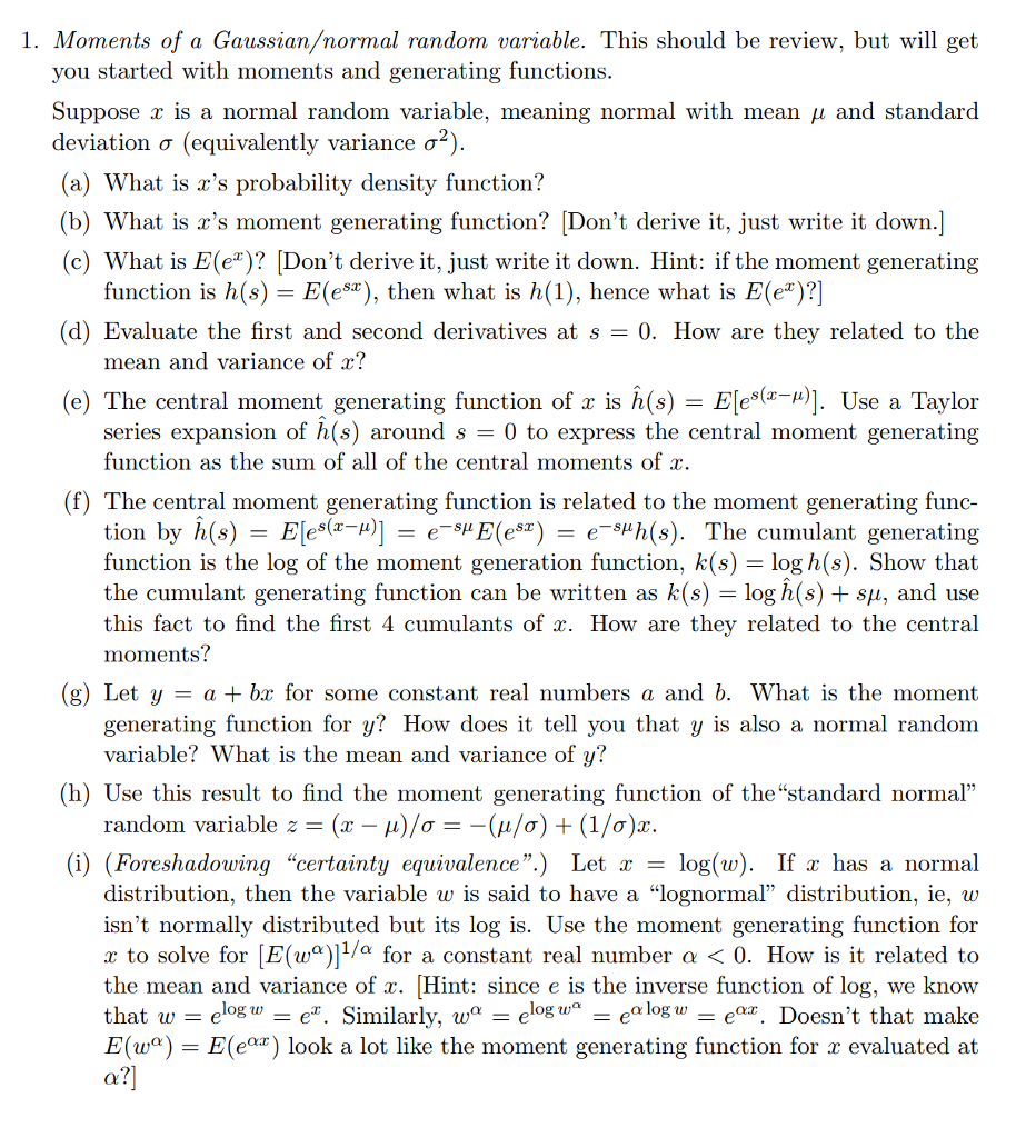 Solved 1. Moments of a Gaussian/normal random variable. This | Chegg.com