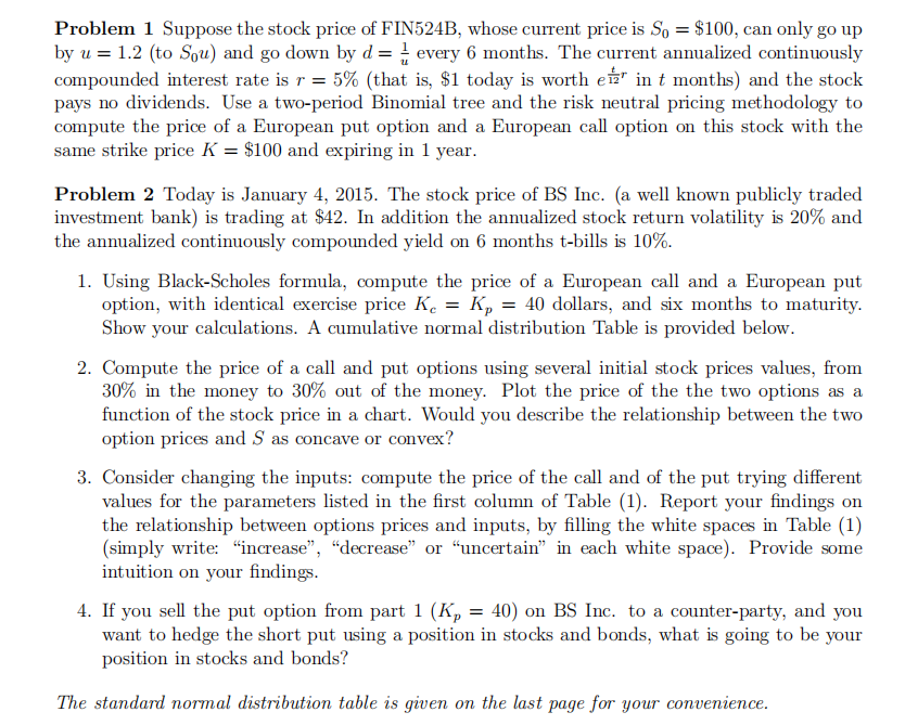 Problem 1 Suppose the stock price of FIN524B, whose | Chegg.com