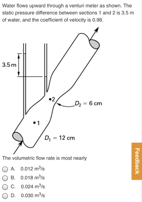 Solved Water flows upward through a venturi meter as shown. | Chegg.com