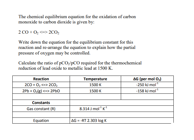 Solved The chemical equilibrium equation for the oxidation | Chegg.com