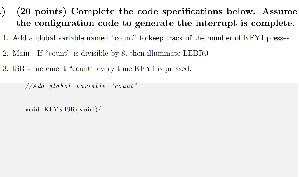 Solved .) (20 points) Complete the code specifications | Chegg.com