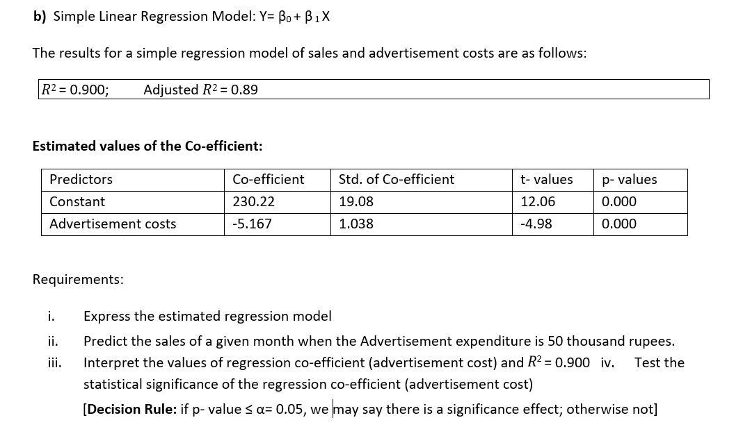 Solved b) Simple Linear Regression Model: Y= Bo + B1X The | Chegg.com