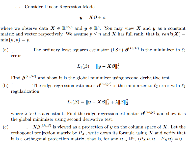 Consider Linear Regression Model y = XB+E, where we | Chegg.com