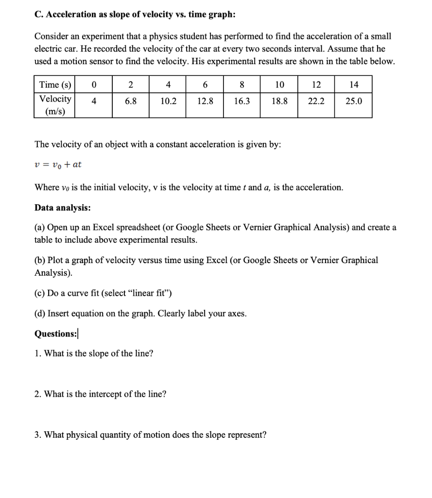 Solved C. Acceleration as slope of velocity vs. time graph: | Chegg.com