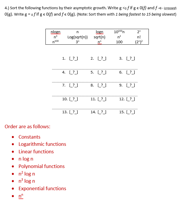 Solved 4.) Sort the following functions by their asymptotic | Chegg.com