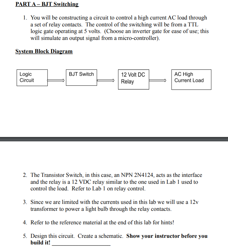Solved PART A - BJT Switching 1. You will be constructing a | Chegg.com