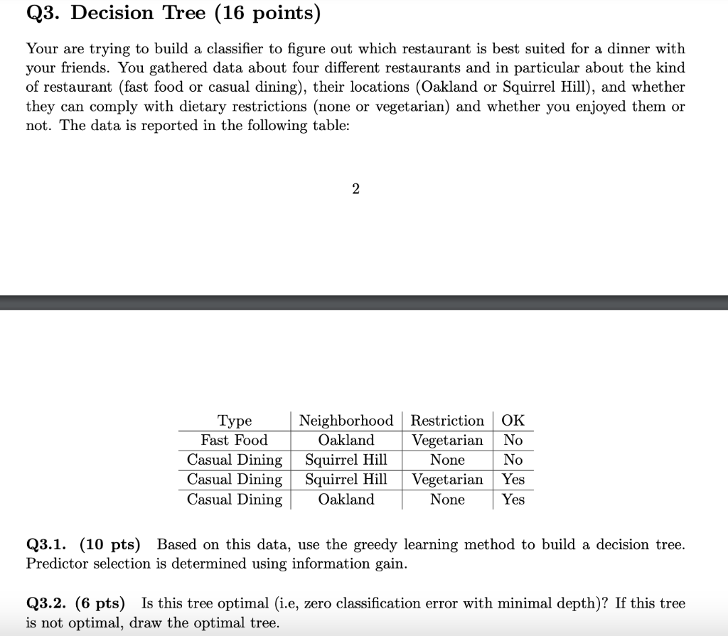 Solved Q3. Decision Tree (16 points) Your are trying to | Chegg.com