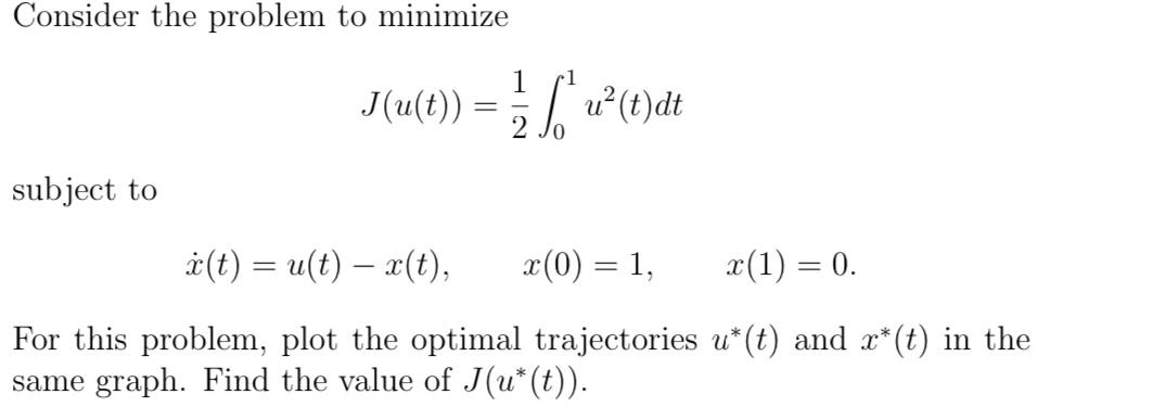 Consider the problem to minimize J(u(t))=21∫01u2(t)dt | Chegg.com
