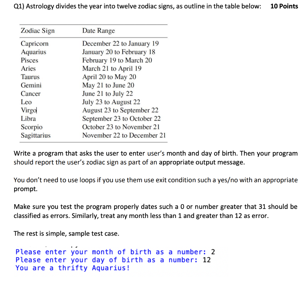 Solved Q1) Astrology divides the year into twelve zodiac | Chegg.com