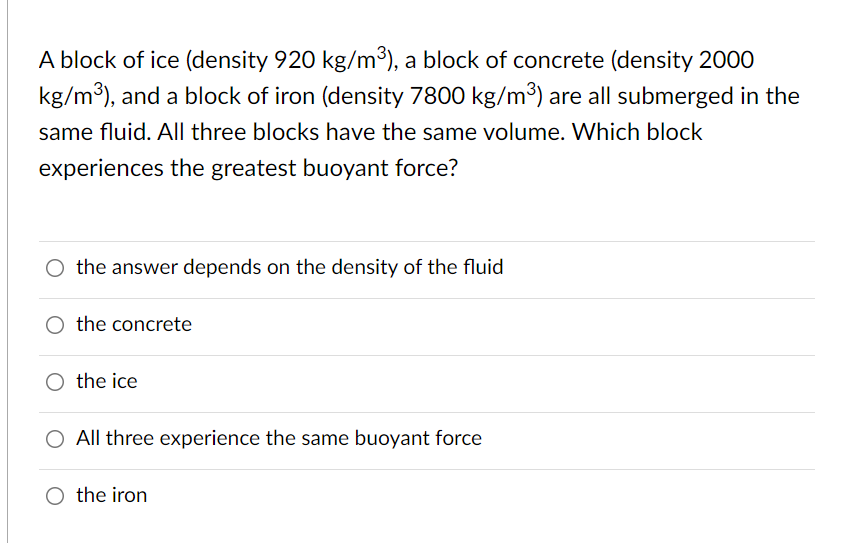 Solved A block of ice (density 920 kg/m3), a block of | Chegg.com
