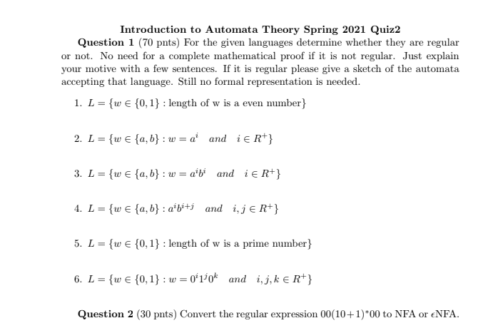 Solved Introduction to Automata Theory Spring 2021 Quiz2 | Chegg.com