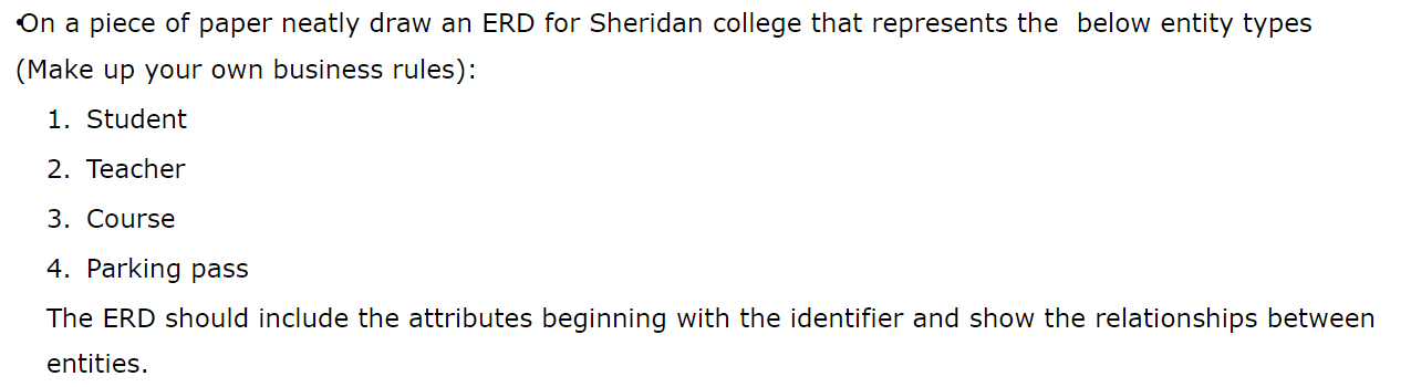 Solved On a piece of paper neatly draw an ERD for Sheridan | Chegg.com