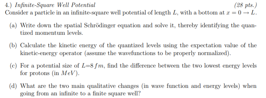 Solved 4.) Infinite-Square Well Potential (28 pts.) Consider | Chegg.com