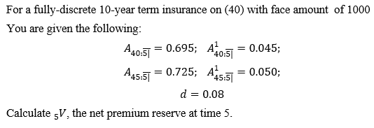 Solved = For a fully-discrete 10-year term insurance on (40) | Chegg.com