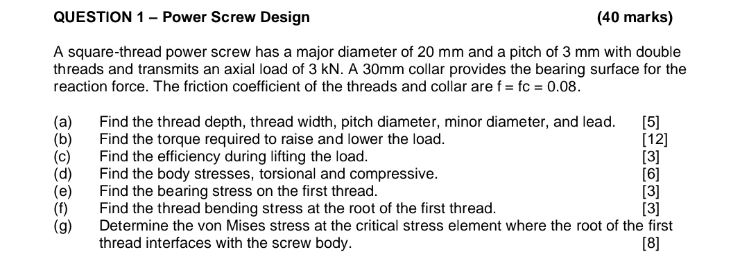 Solved A square-thread power screw has a major diameter of | Chegg.com