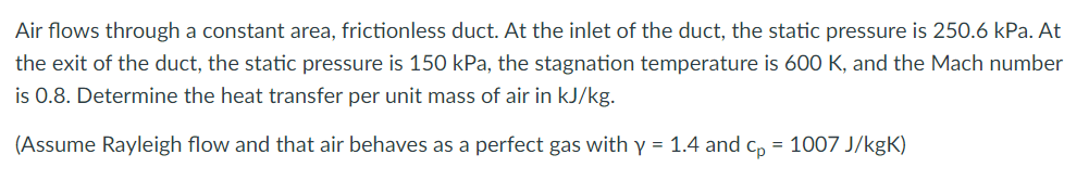 Solved Air flows through a constant area, frictionless duct. | Chegg.com
