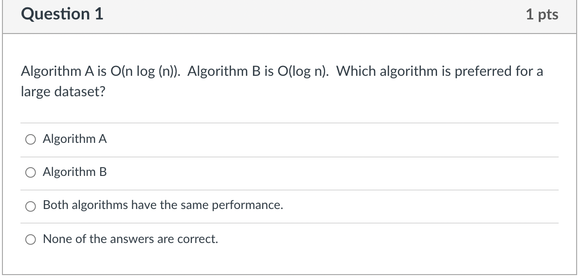 Solved Question 1 1 pts Algorithm A is O(n log (n)). | Chegg.com