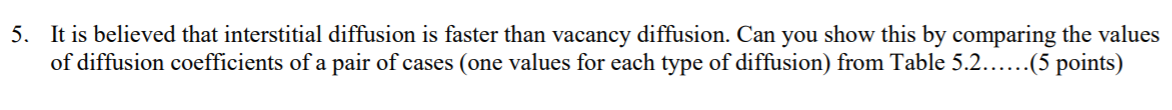 Solved 5. It is believed that interstitial diffusion is | Chegg.com