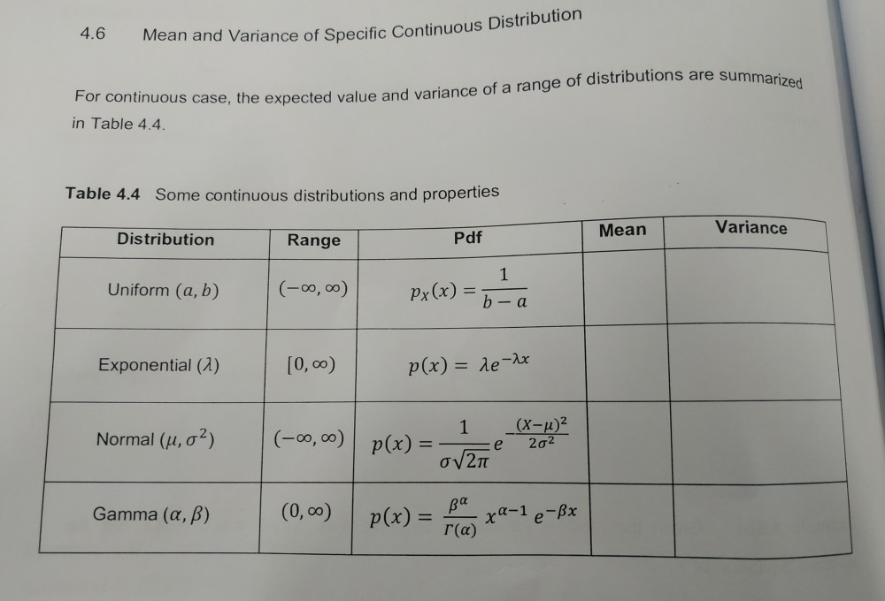 Solved 4.6 Mean and Variance of Specific Continu of Specific | Chegg.com