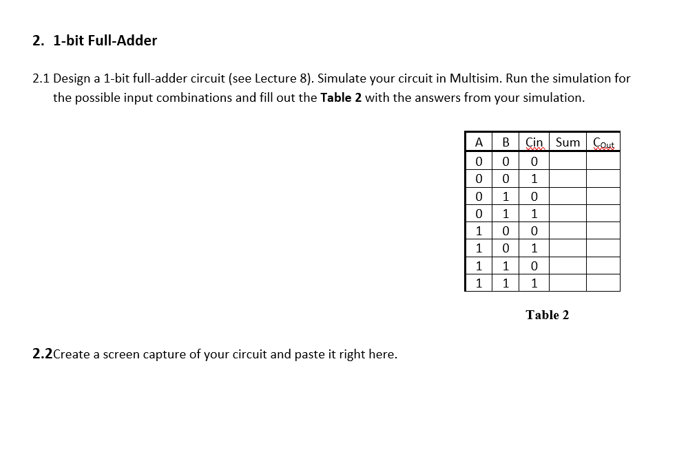 Solved 2. 1-bit Full-Adder 2.1 Design a 1-bit full-adder | Chegg.com