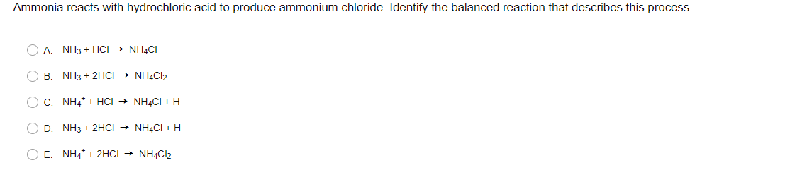Solved Ammonia reacts with hydrochloric acid to produce | Chegg.com