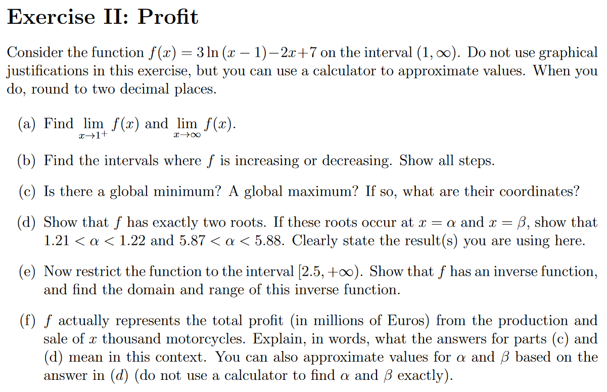 Solved Exercise II: Profit Consider the function f(x) = 3 In | Chegg.com