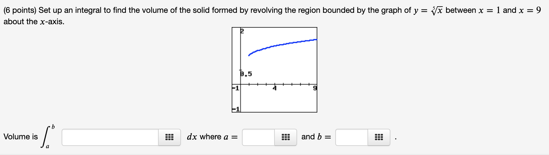 Solved (6 ﻿points) ﻿Set up an integral to find the volume of | Chegg.com