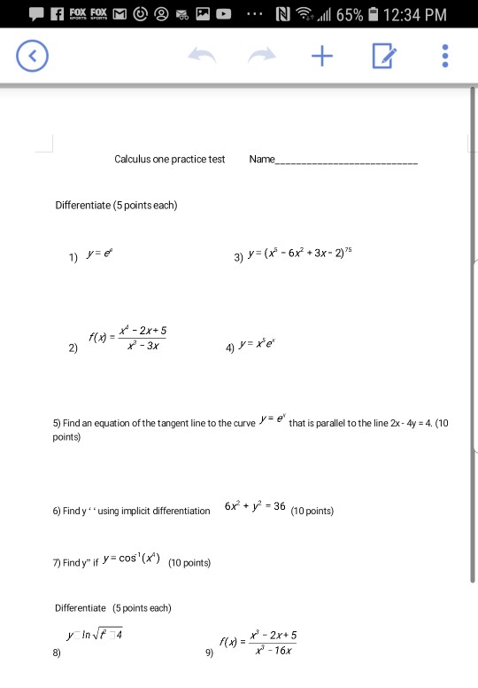 Solved 2 Calculus one practice test Name Differentiate (5 | Chegg.com