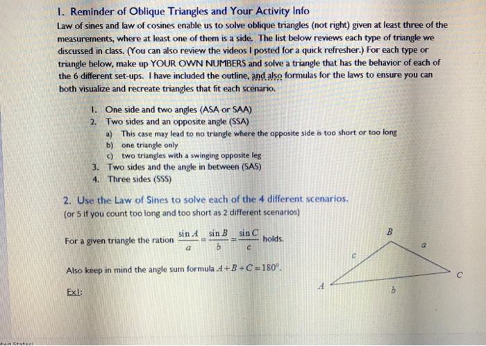 Solved I. Reminder of Oblique Triangles and Your Activity | Chegg.com