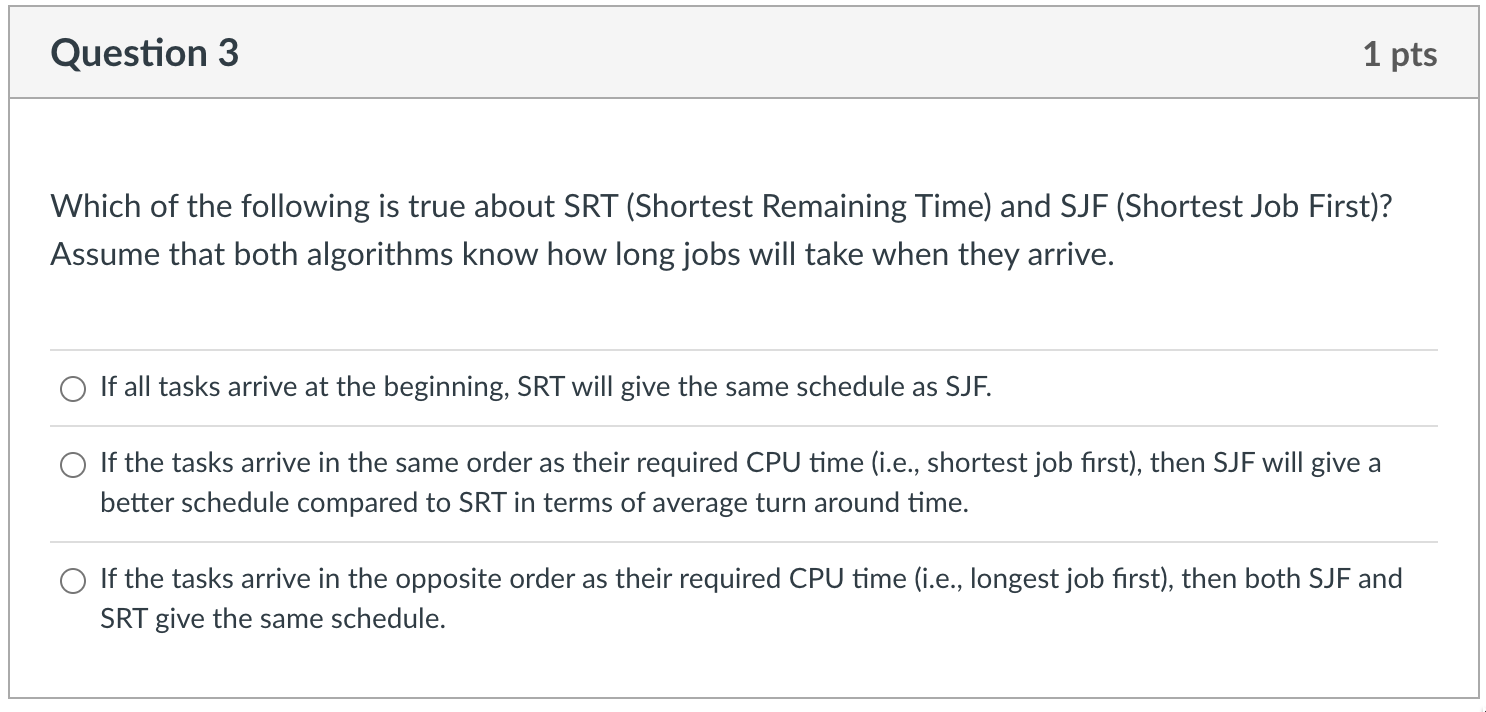 Solved Which of the following is true about SRT (Shortest | Chegg.com