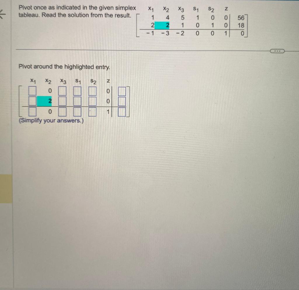 Pivot around the highlighted entry. (Simplify your | Chegg.com