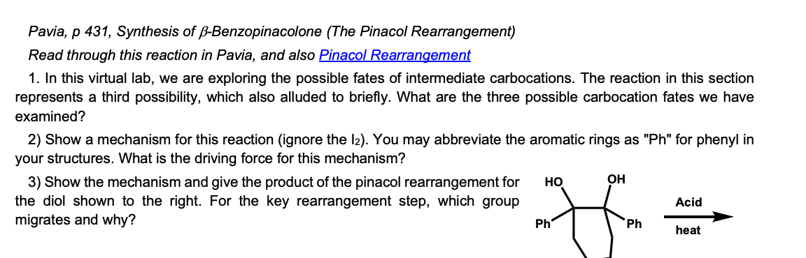 Solved Pavia, p 431, Synthesis of B-Benzopinacolone (The | Chegg.com