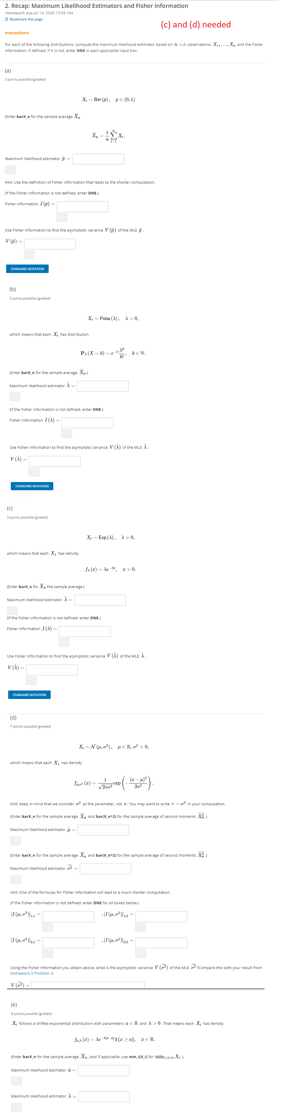 Solved 2. Recap: Maximum Likelihood Estimators and Fisher | Chegg.com