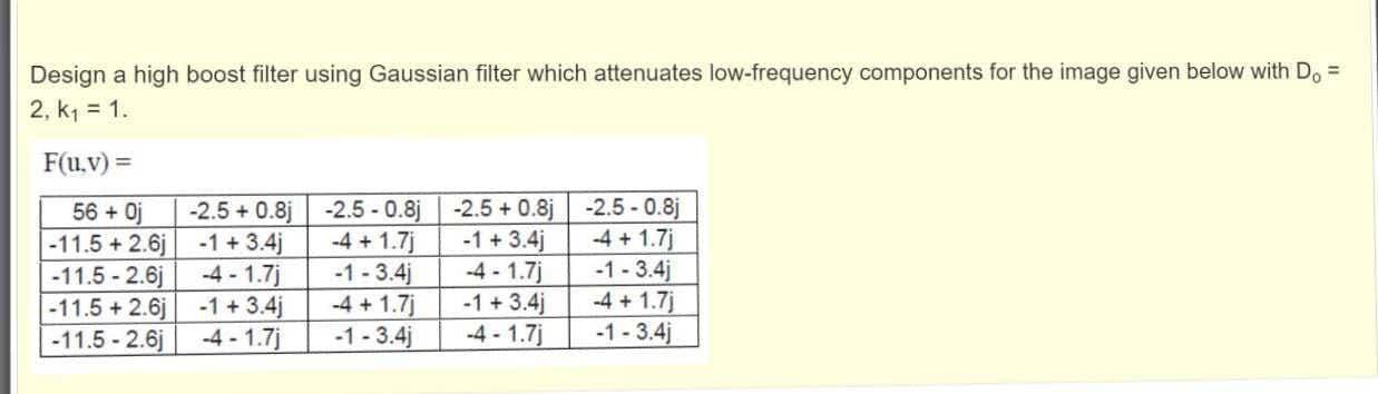 Design a high boost filter using Gaussian filter | Chegg.com