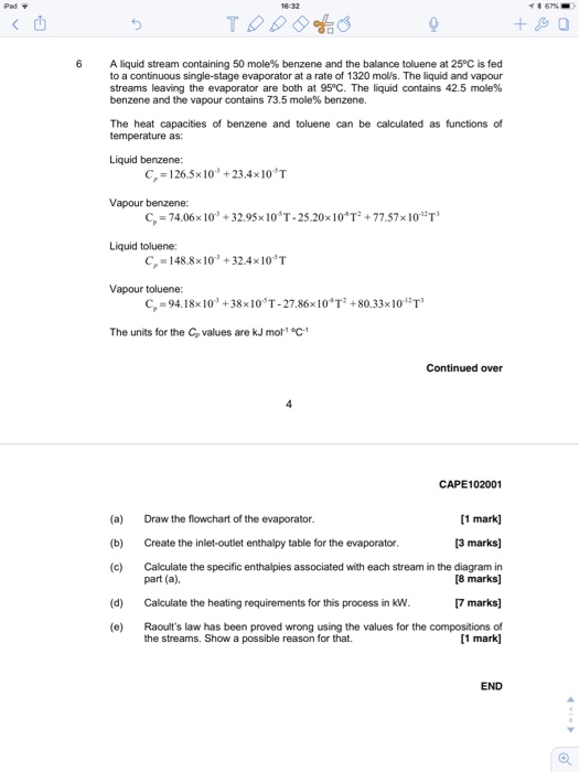 Solved A liquid stream containing 50 mole% benzene and the | Chegg.com