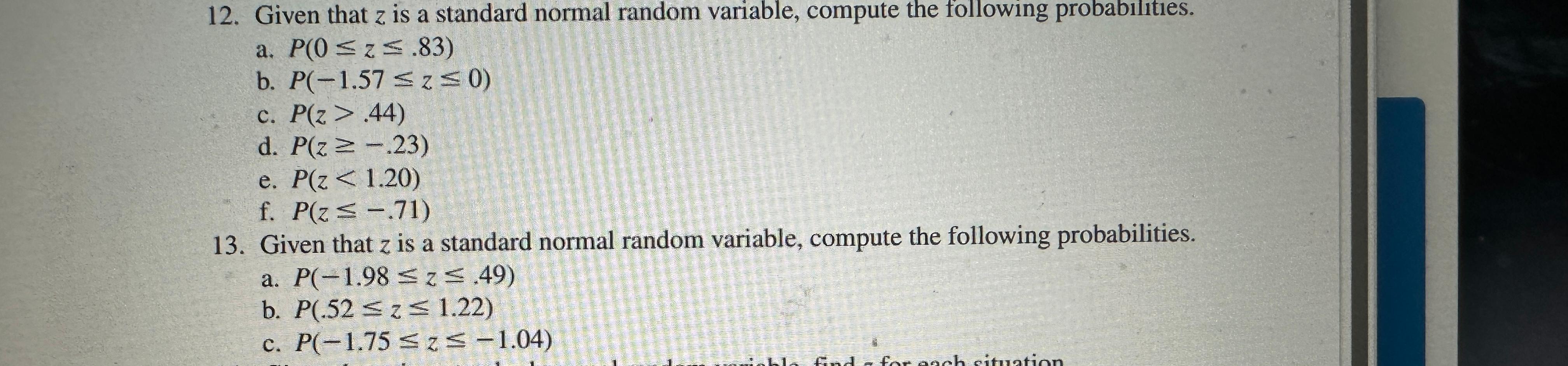 Solved 12. Given that z is a standard normal random | Chegg.com