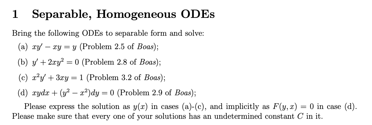Solved 1 ﻿Separable, Homogeneous ODEsBring the following | Chegg.com