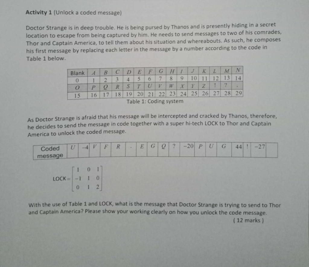 Solved Activity 1 Unlock A Coded Message Doctor Strange Is Chegg