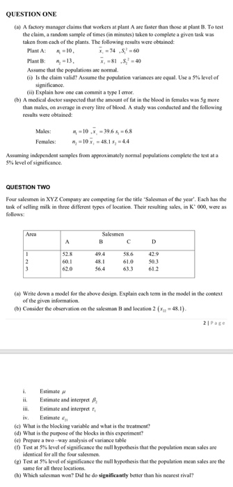 Solved QUESTION ONE (a) A factory manager claims th workers | Chegg.com