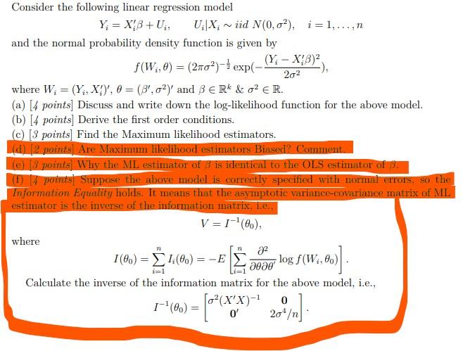 Solved = Consider the following linear regression model Y; = | Chegg.com