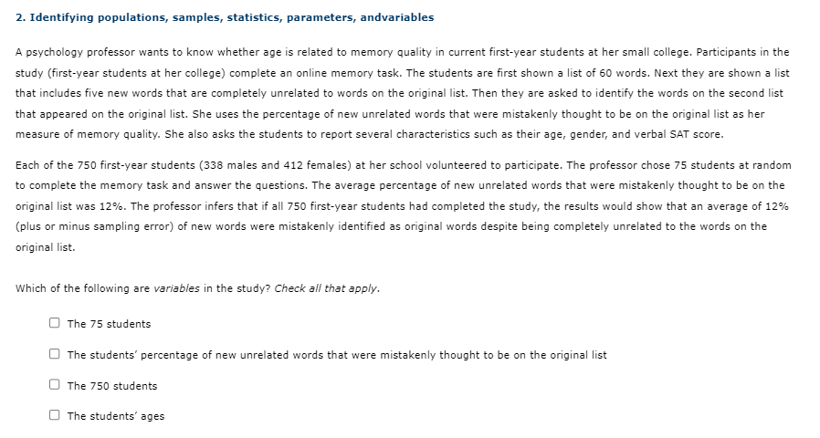 Solved 2. Identifying populations, samples, statistics, | Chegg.com