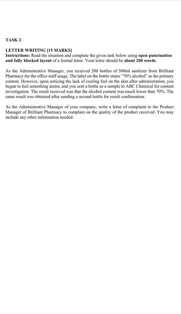 TASK 2 LETTER WRITING [15 MARKS] Instructions: Read | Chegg.com