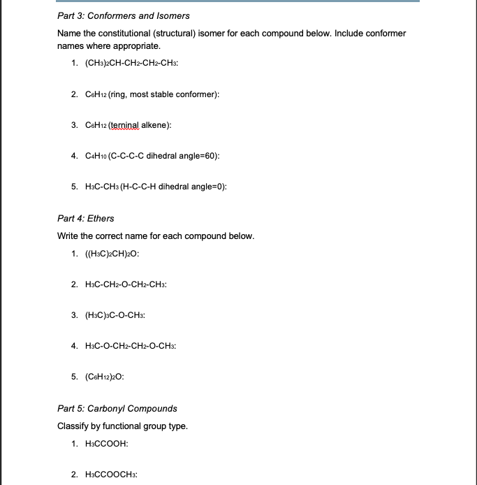 Solved Part 1: Hydrocarbons Write the correct name for each | Chegg.com