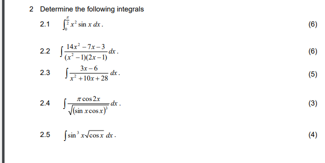 Solved 2 Determine the following integrals 2.1∫02πx2sinxdx. | Chegg.com